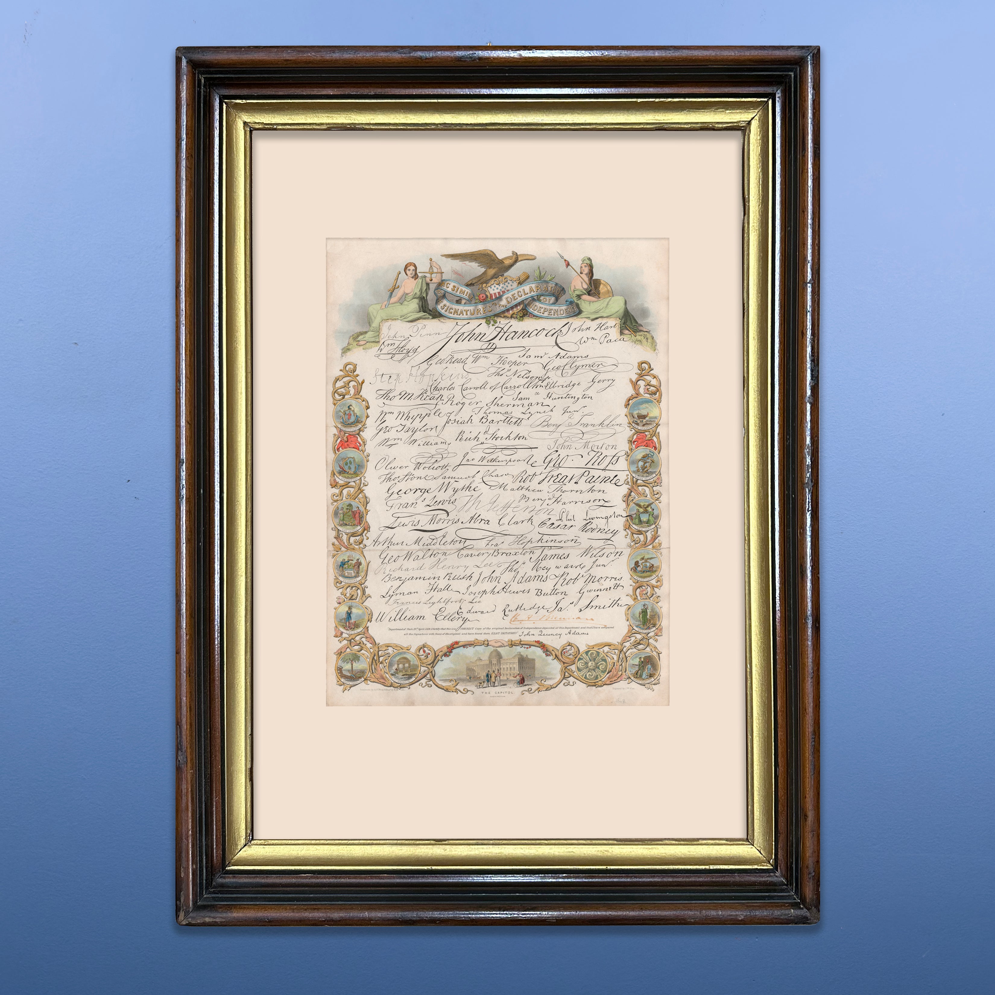 Hand-colored mid-1800s engraving with the signatures to the Declaratio ...