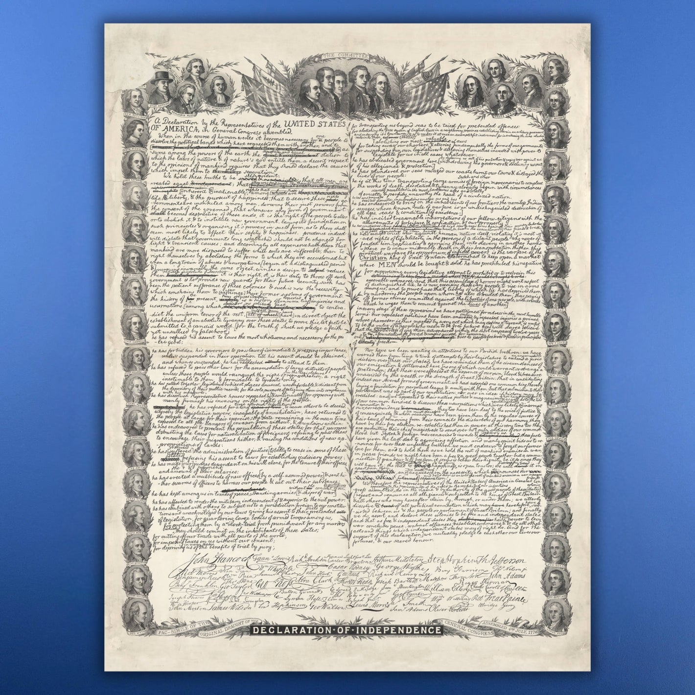Large print with the marked up draft of the Declaration of Independence ...