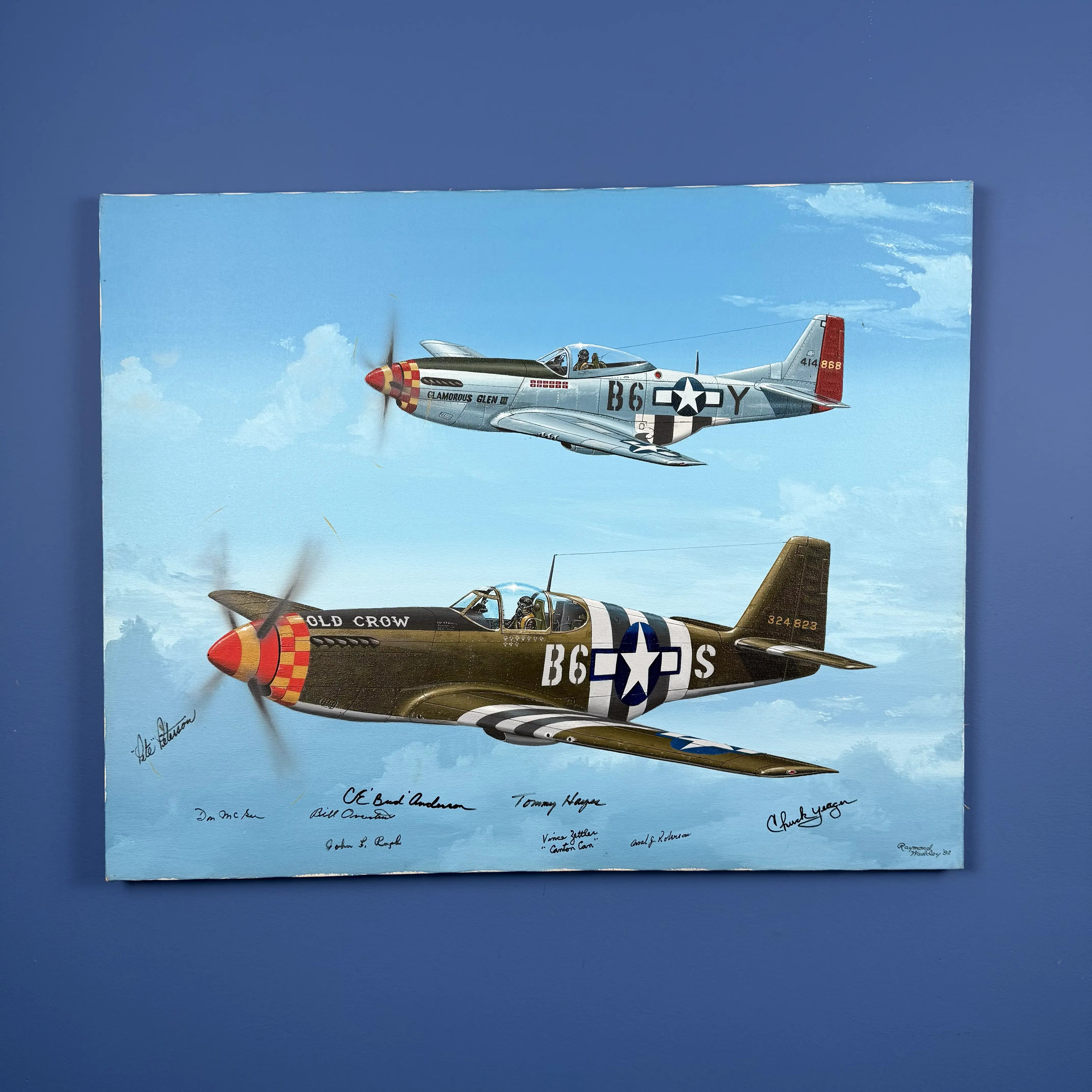 Original painting of WWII P-51 Mustangs signed by Chuck Yeager, 8 othe ...